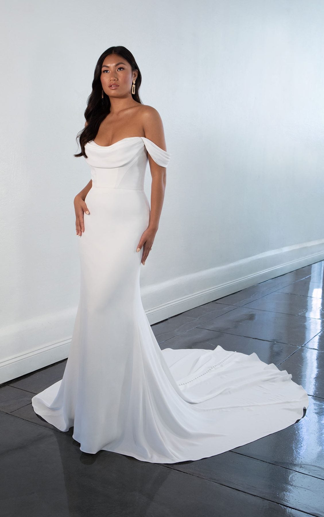 Off The Shoulder Sheath Wedding Dress With Draped Cowl Neckline ...