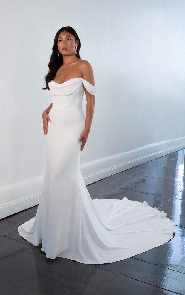 Off The Shoulder Sheath Wedding Dress With Draped Cowl Neckline ...