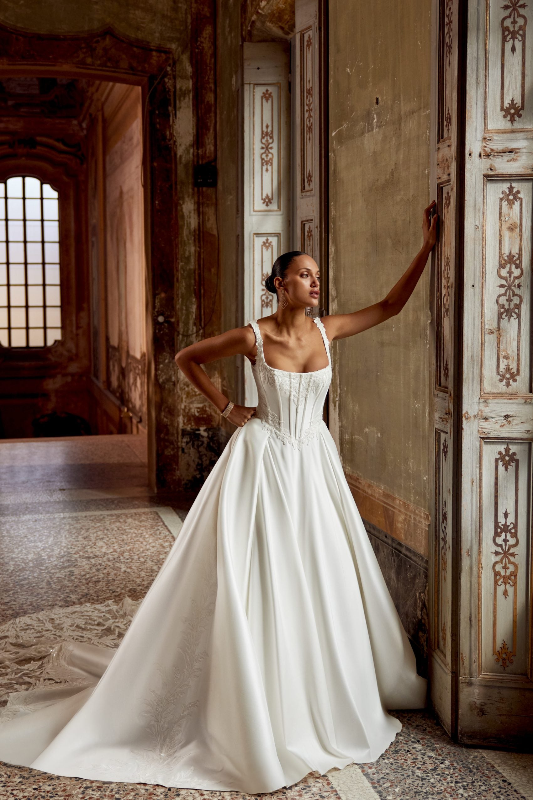 Modern Square-Neck Basque-Waist Ball Gown With Buttons | Kleinfeld Bridal