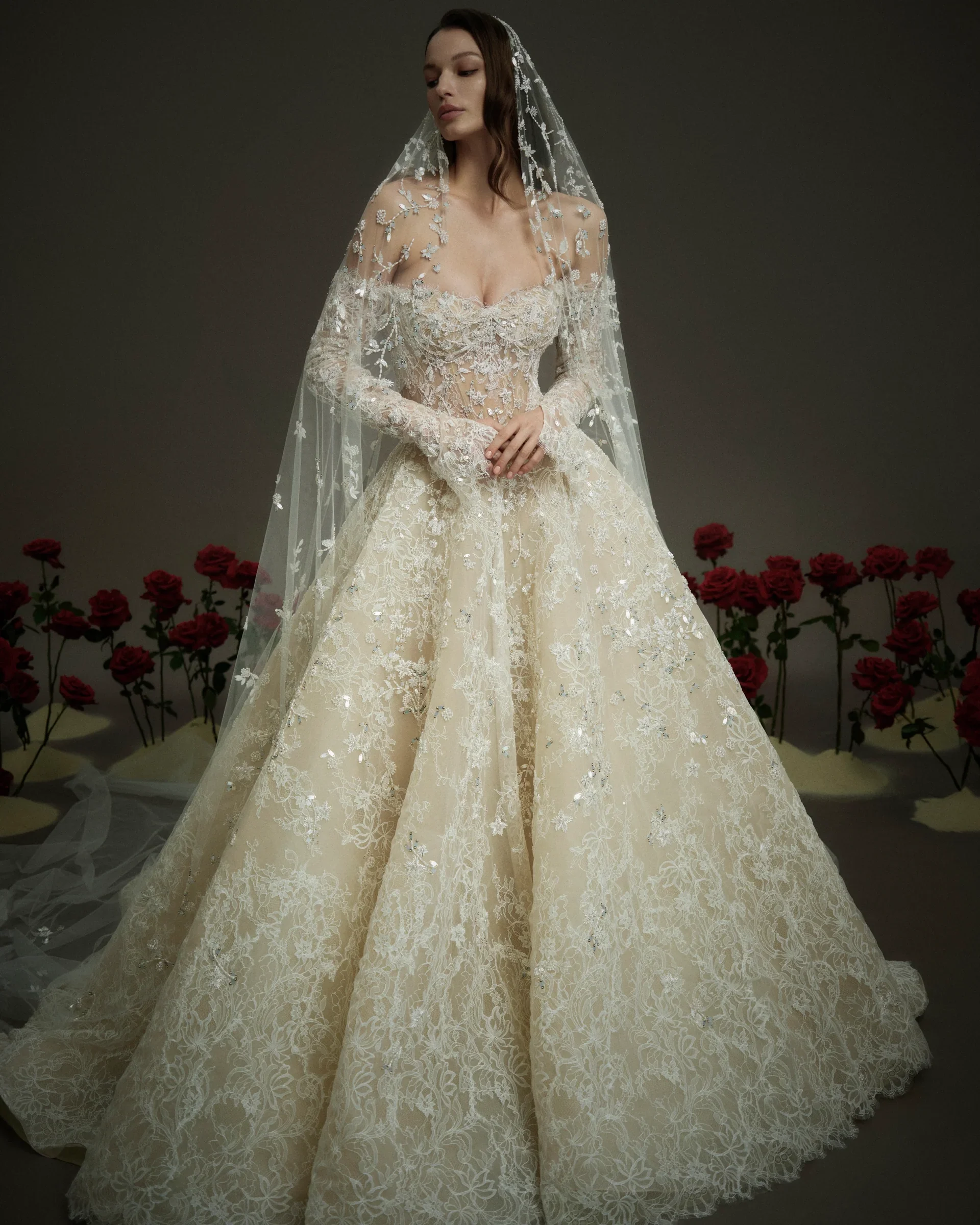 Elegant Embellished-Lace Off-The-Shoulder Long Sleeve Ball Gown | Kleinfeld Bridal