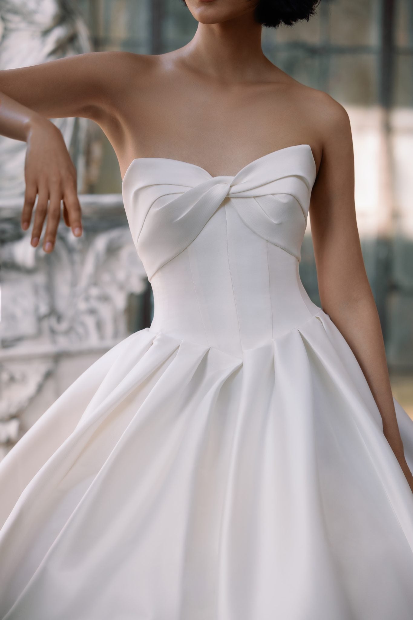 Hand-Draped Basque-Waist Silk Ball Gown With Bows | Kleinfeld Bridal