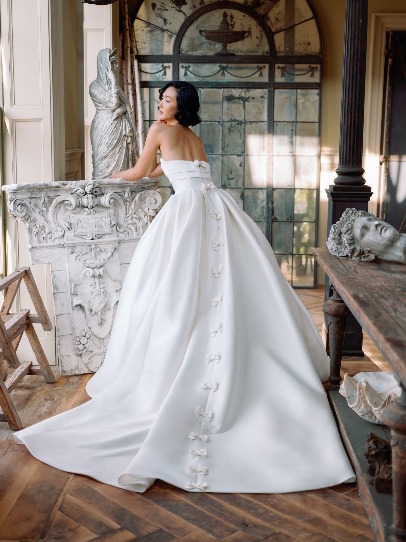 Hand-Draped Basque-Waist Silk Ball Gown With Bows | Kleinfeld Bridal