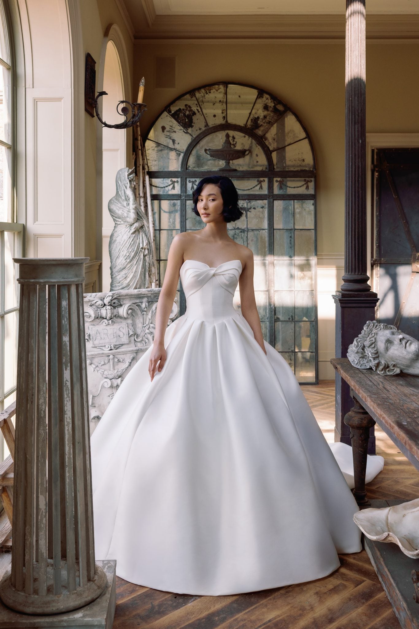 Hand-Draped Basque-Waist Silk Ball Gown With Bows | Kleinfeld Bridal