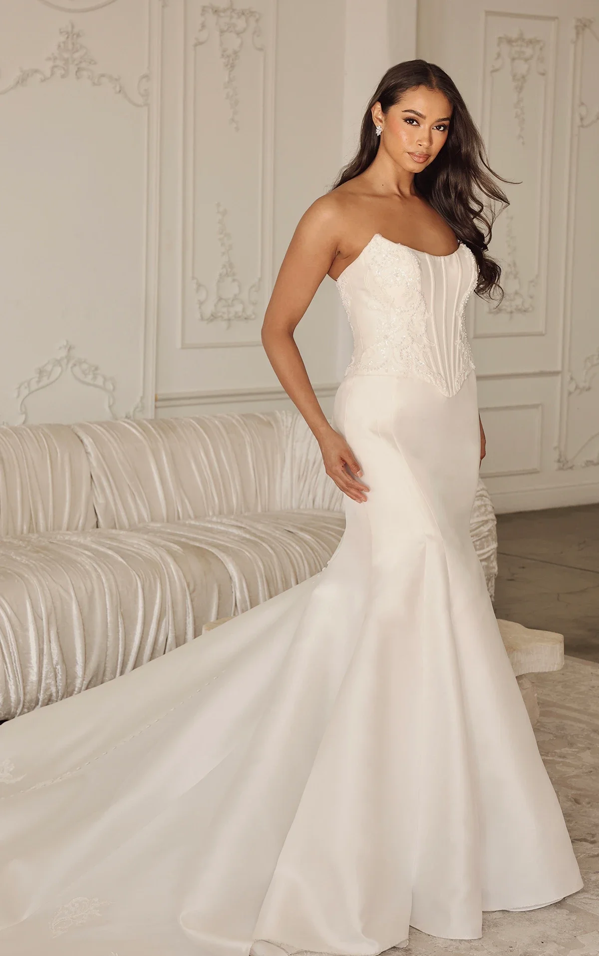 Modern Silk Basque-Waist Fit-And-Flare Wedding Dress With Buttons ...