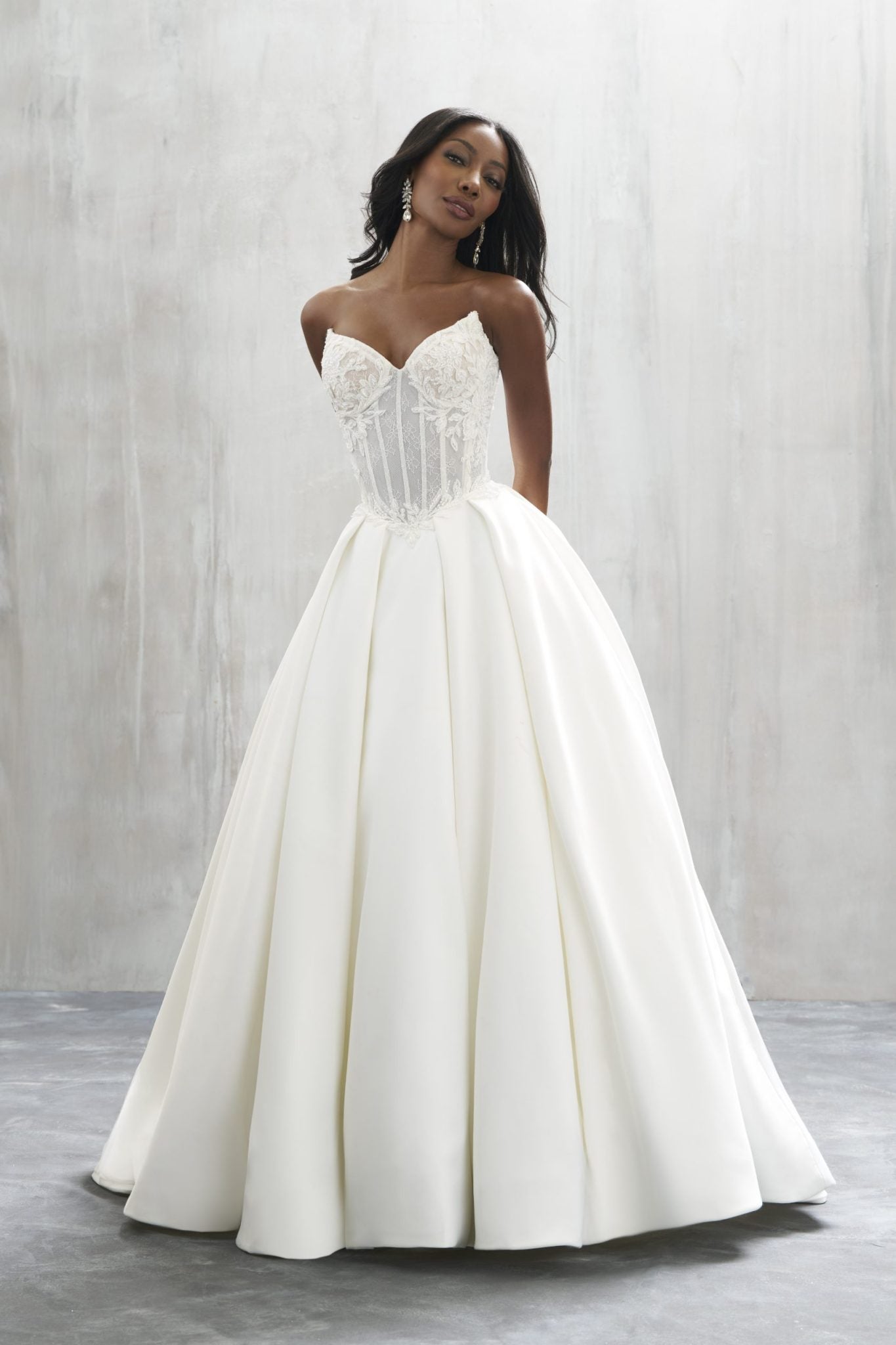 Strapless Lace And Satin Basque-Waist Ball Gown With Buttons ...