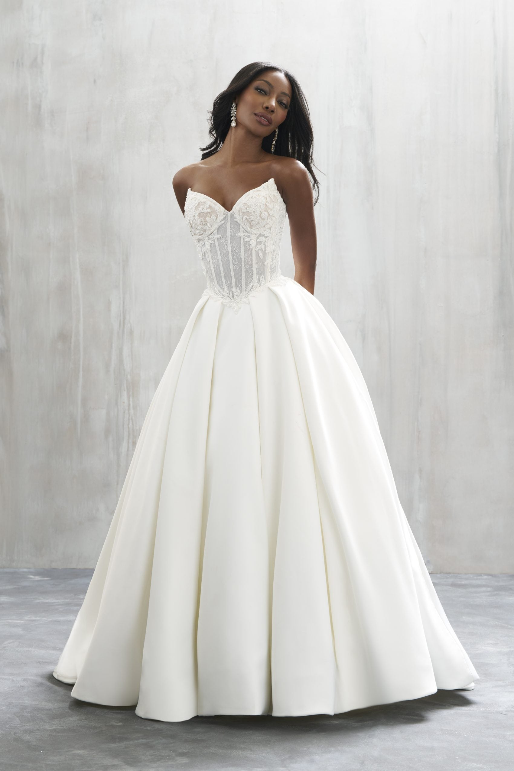 Strapless Lace And Satin Basque-Waist Ball Gown With Buttons ...