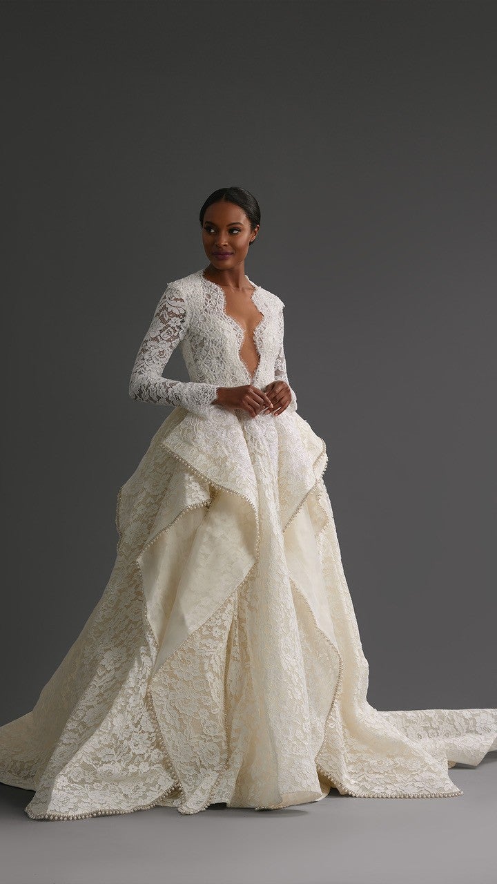 Regal And Dramatic Long Sleeve Lace Ball Gown With Peplum | Kleinfeld Bridal