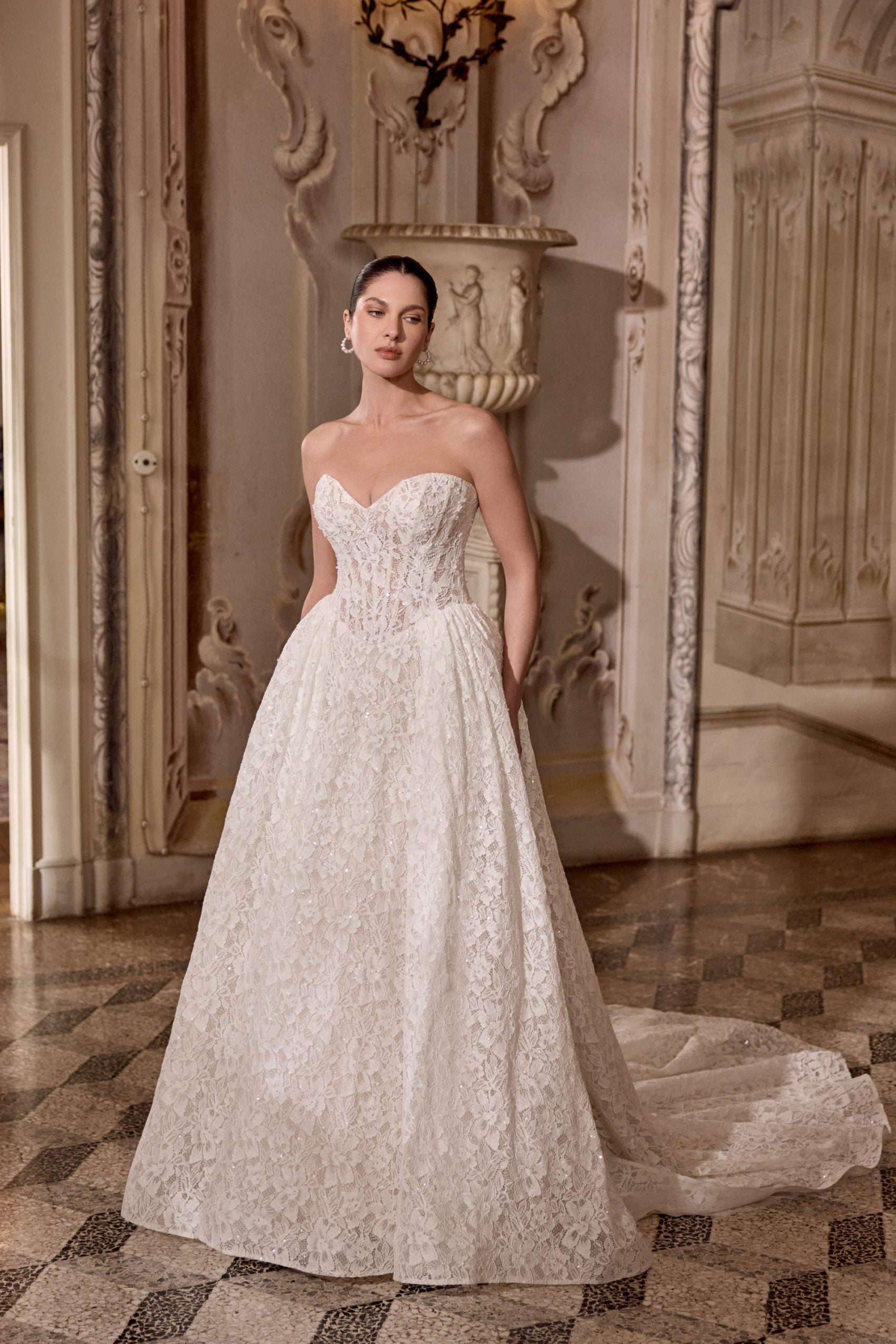 Strapless Basque-Waist Lace Ball Gown With Buttons | Kleinfeld Bridal